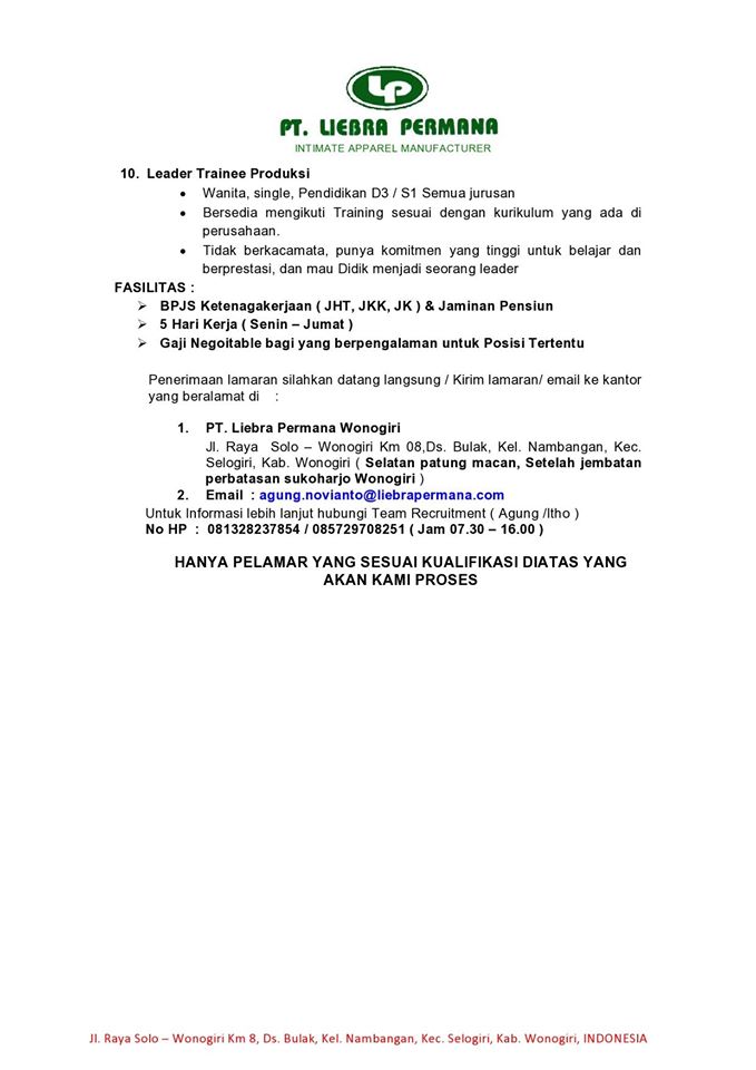 Lowongan Kerja PT. Liebra Permana