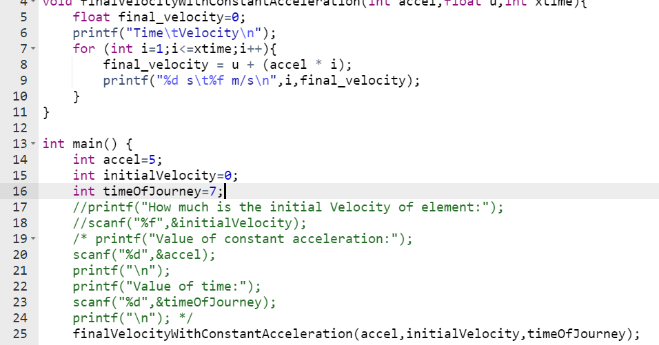 First Equation of motion, How to implement using C language