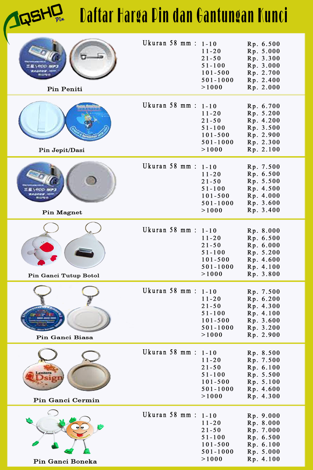 List Harga PIN dan Gantungan Kunci