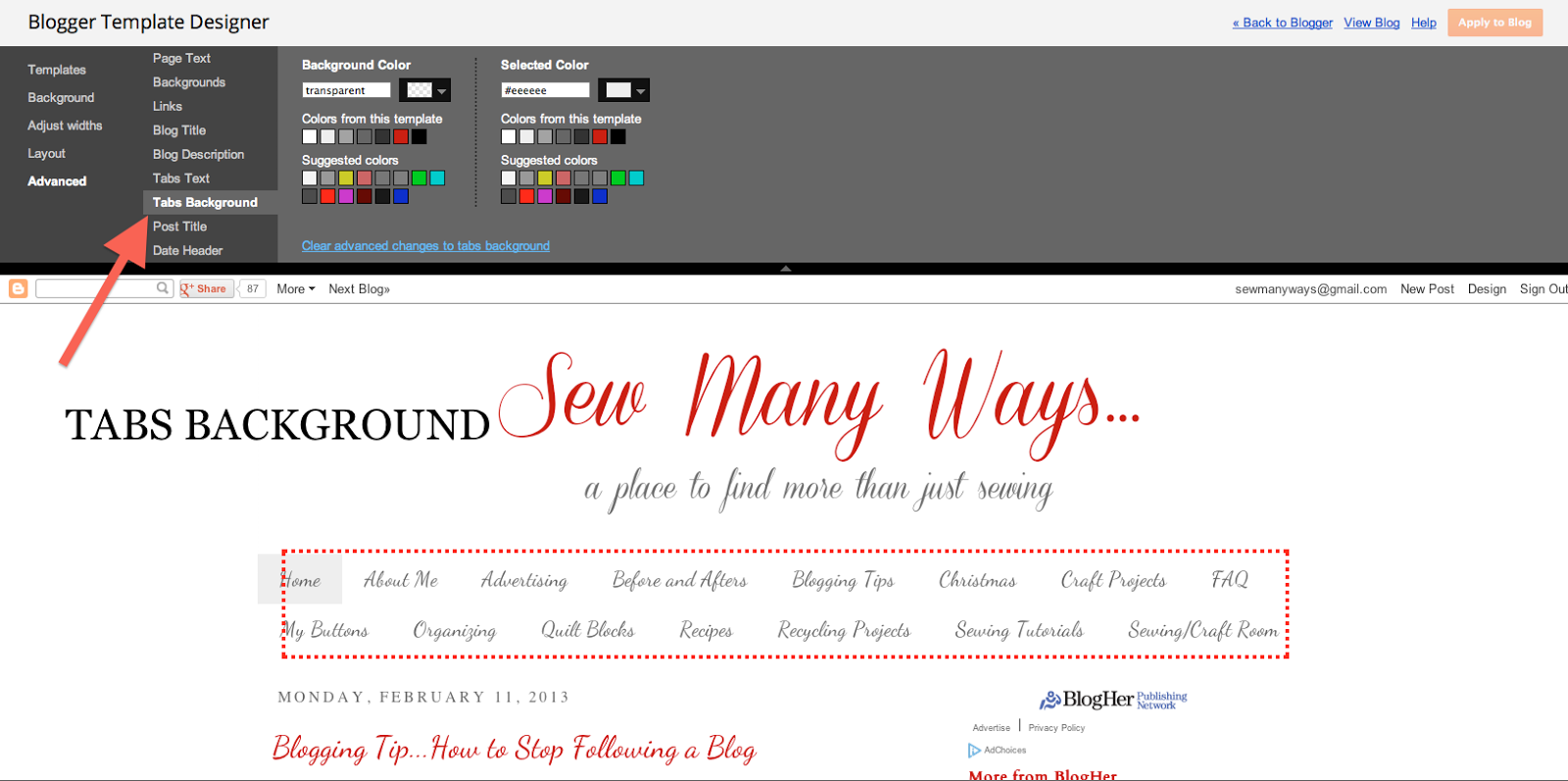 Sew Many Ways...: Blogging Tip...How to Add Pages or Tabs to the Top of ...