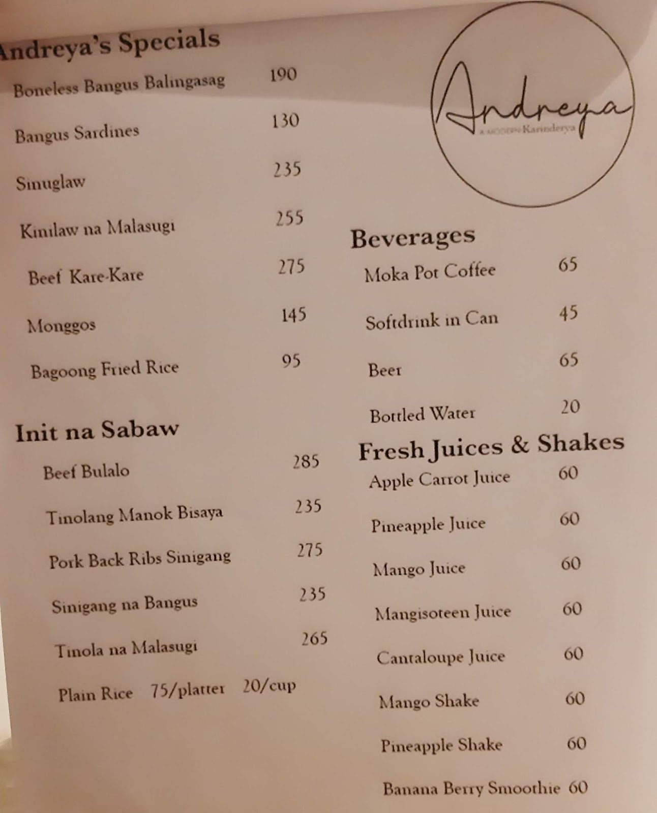 Andreya a mondern Karenderya Menu 2020