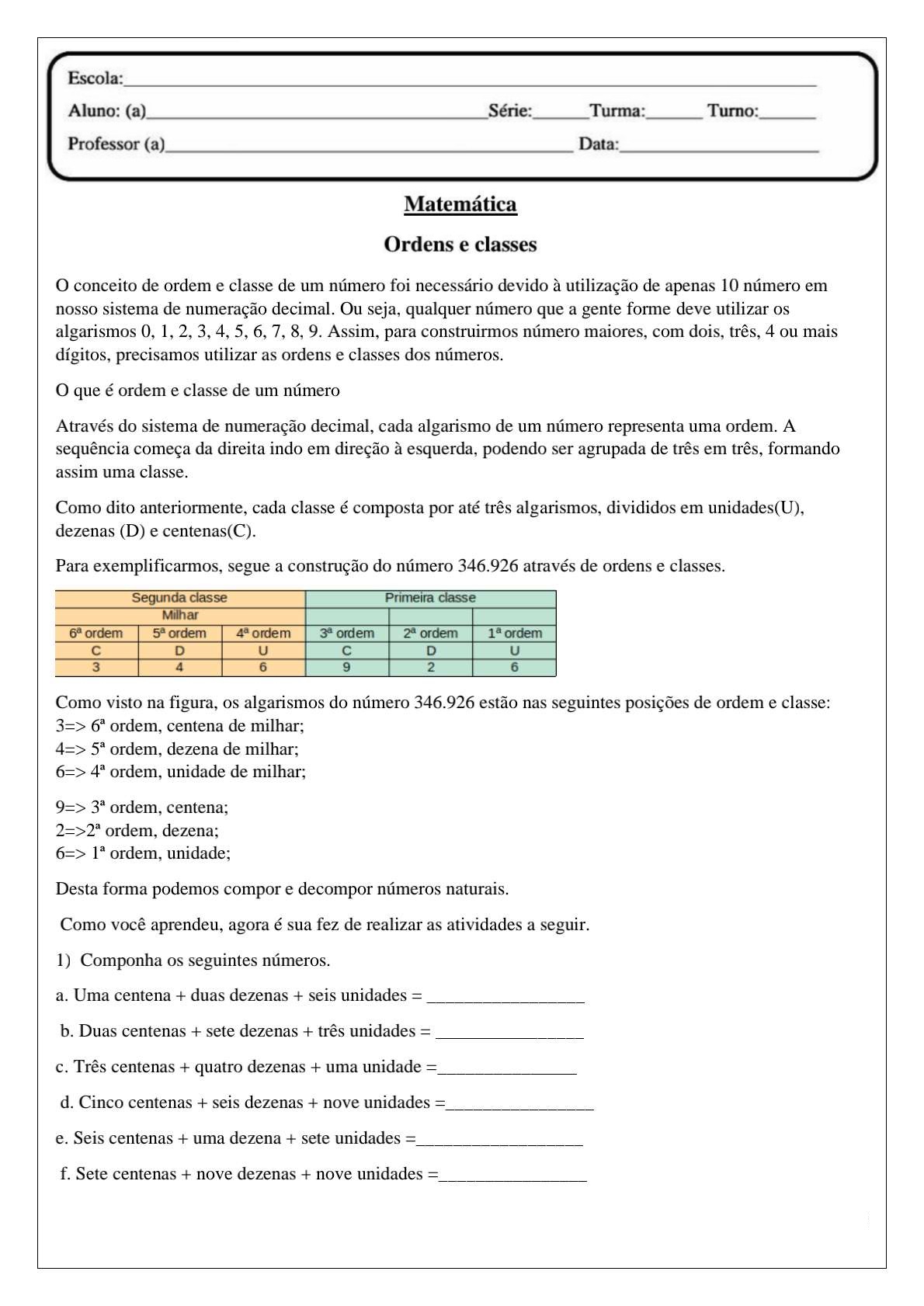 Blog Educação e Transformação: 👍Matemática: ordens e classes