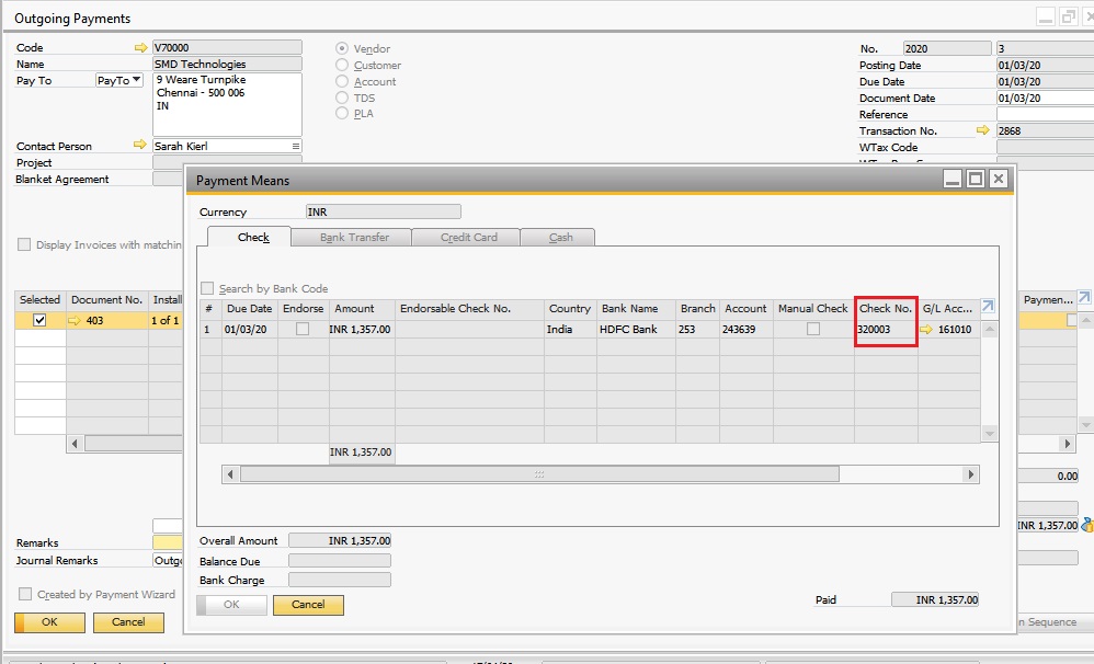 SAP Business One Knowledge: Auto-Numbering Check Set-up in SAP Business One