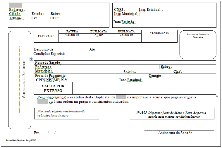Modelo de Duplicata ~ Agenda da Economia