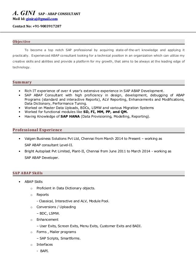 Sap Abap Sample Resume ~ Resume Letter