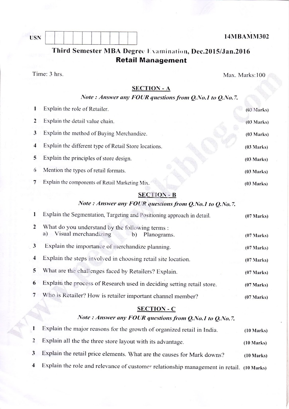 AR VTU MBA E-NOTES: VTU MBA 3rd sem question papers Retail Management