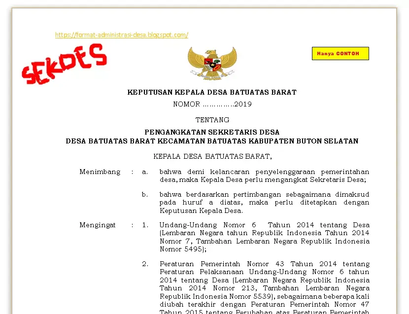 Contoh SK Sekdes (Sekretaris Desa) Terbaru Format Word/Doc | FORMAT ADMINISTRASI DESA