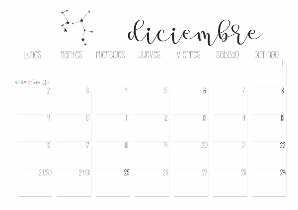 IMPRIMIBLE: Calendario diciembre 2019 - Niña Bonita