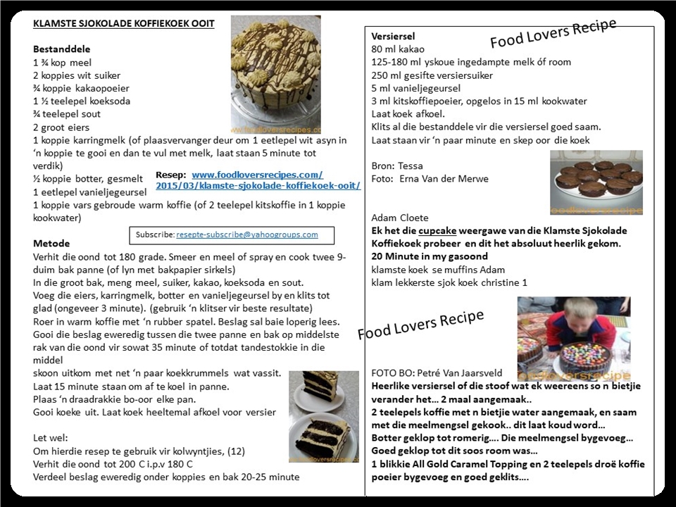 Lekker Resepte : Klamste sjokolade koffie koek ooit - Foodlovers recipe