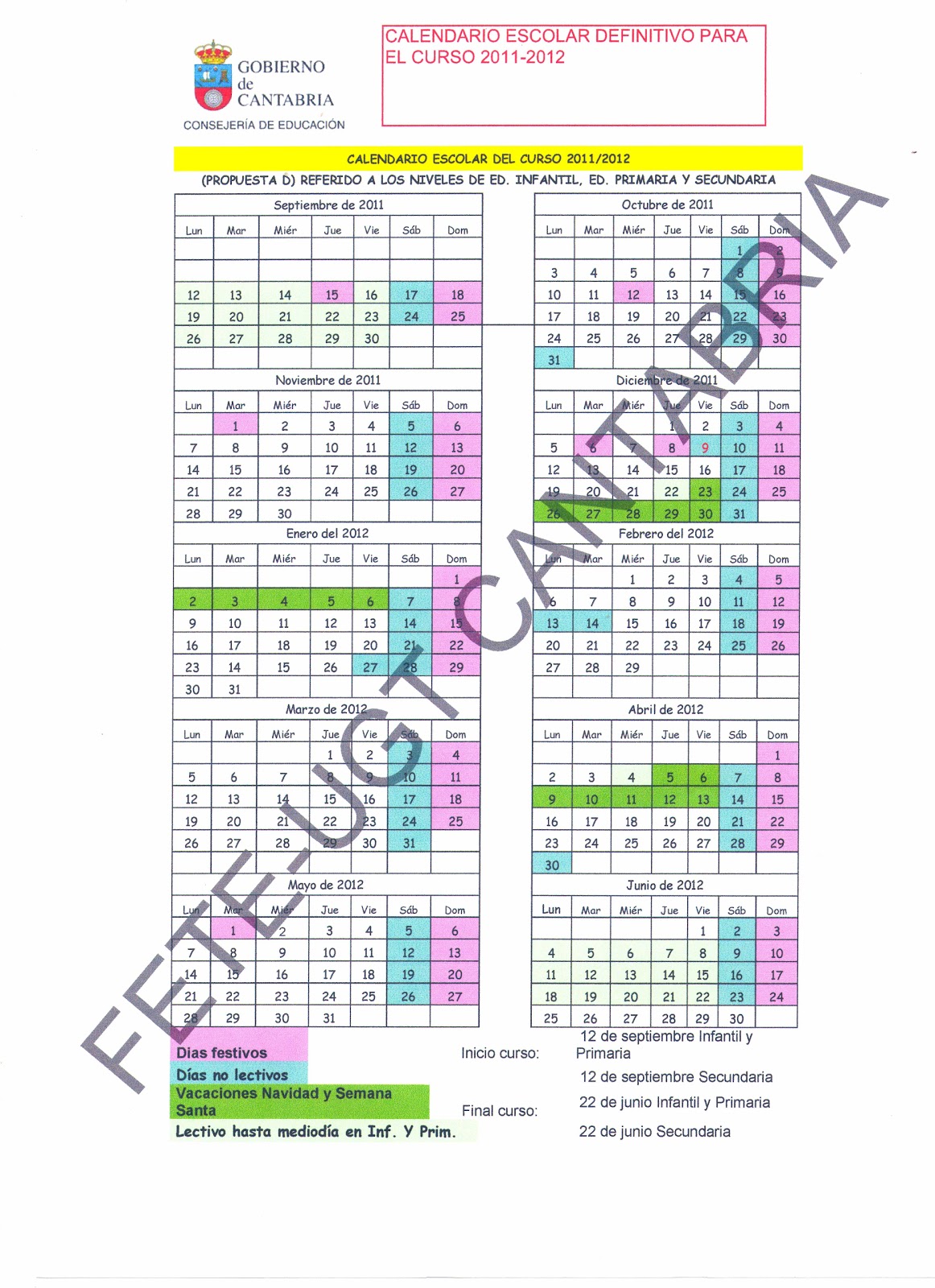 "Fuente de la Salud" INFANTIL: Calendario escolar