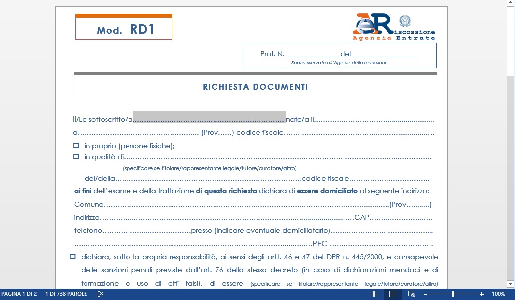 modello RD1 editabile