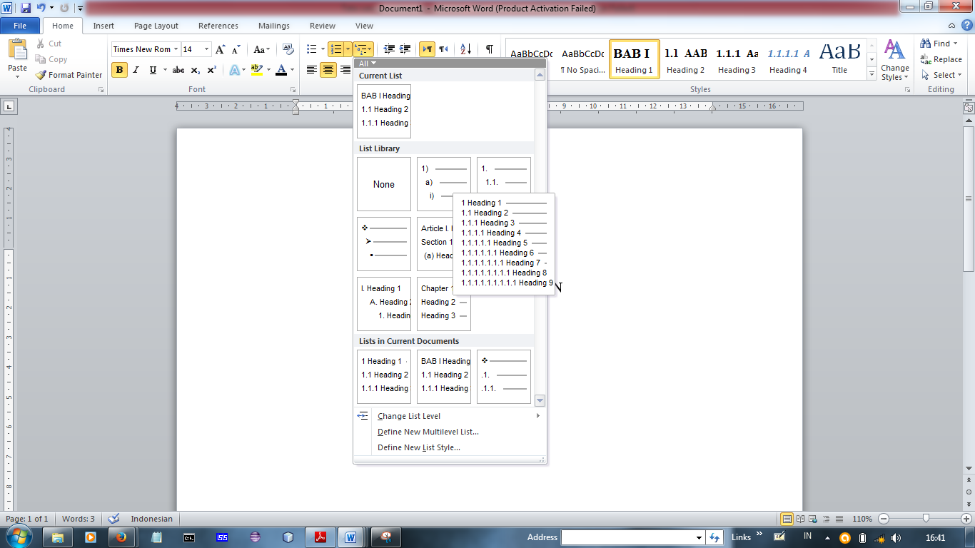 Cara menggunakan Numbering pada JUDUL BAB, Sub Bab dan Sub sub bab