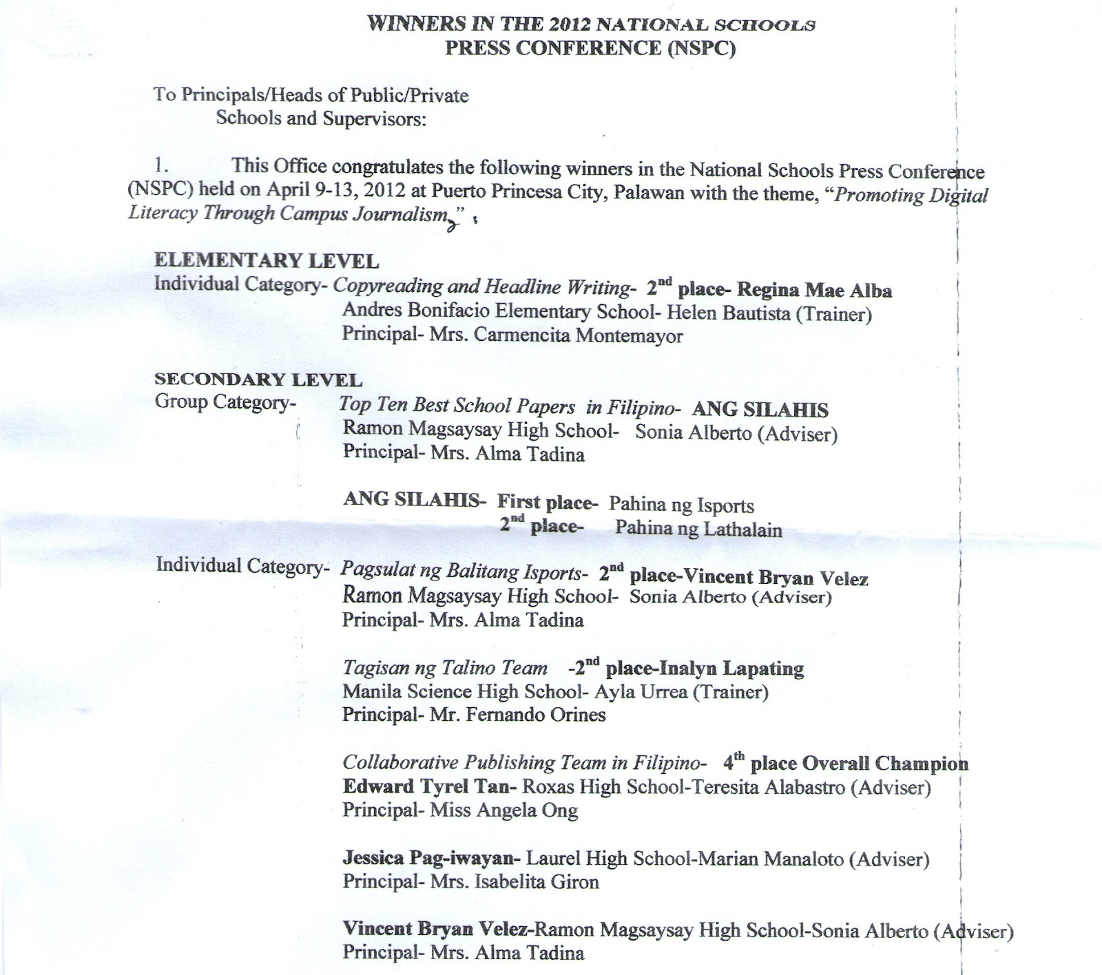 Department of Education Manila: 2012 National Schools Press Conference ...