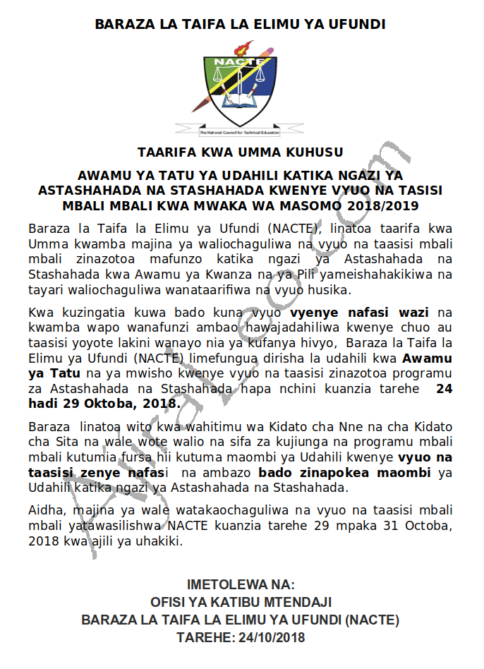 NACTE: Public Notice to All Students Who Not Selected For Certificate ...
