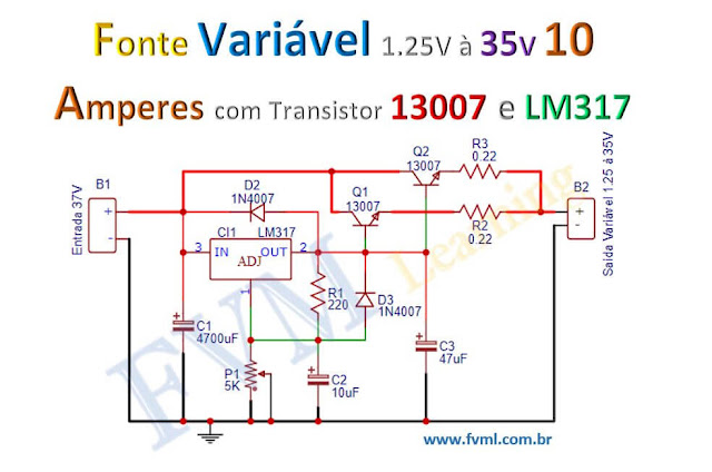 Circuito Fonte Variável 1.25 à 35V 10 Amperes com Transistor D13007 e ...