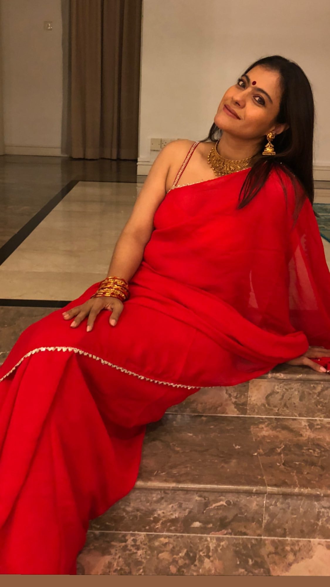 Kajol Devgan in Red Saree Festival celebrations Kajol Devgan in Red Saree Festival celebrations
