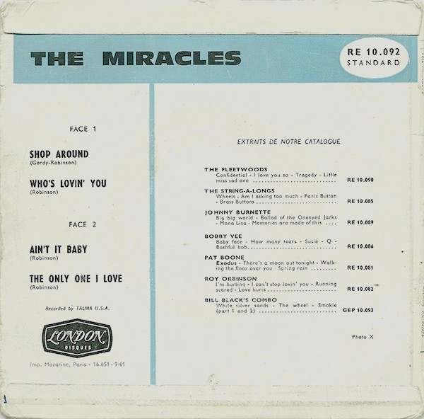 Les EPs français: MIRACLES - 1961 - FR-LONDON 10092 - Shop around (mono)