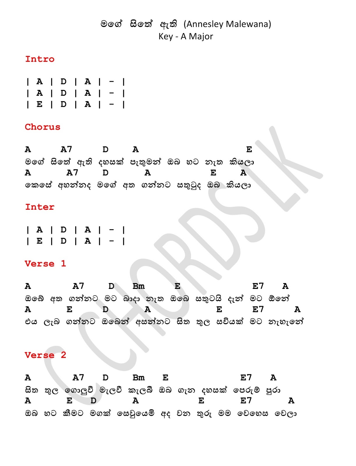 Sinhala Song Chords: Mage Sithe Athi - Annesley Malewana | Song Chords & Lyrics