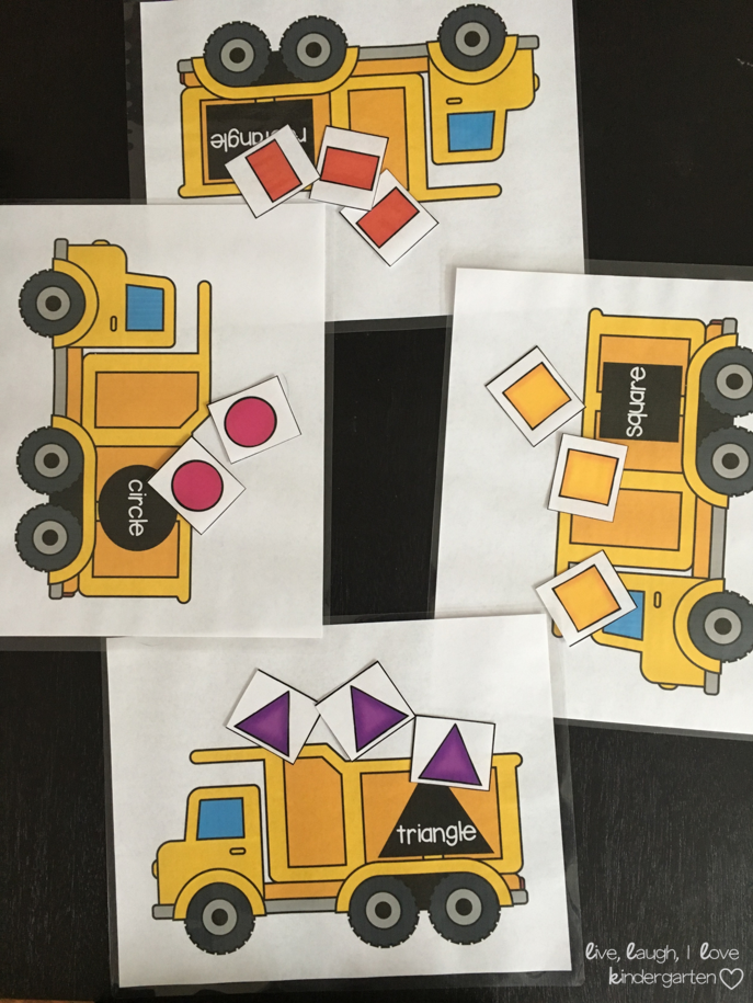 I put a shape on each dump truck, then your kiddos will sort each shape.