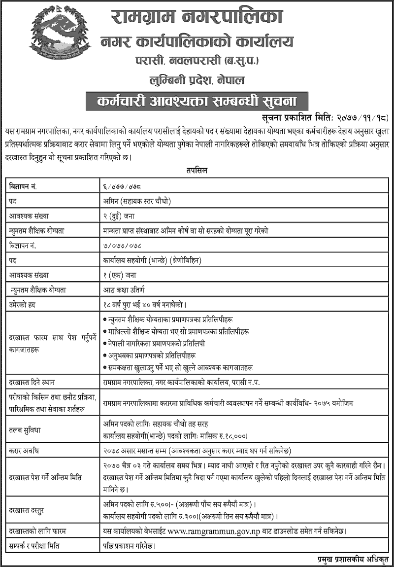 Ramgram Municipality Vacancy for Various Post | Chetan TM