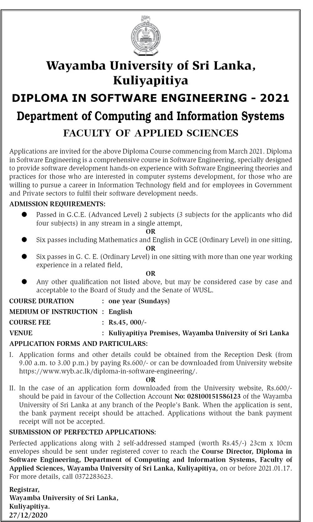 Diploma in Software Engineering - 2021 (Wayamba University of Sri Lanka ...