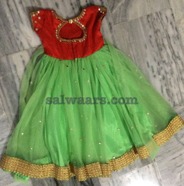 Green Red Mirror Work Frock for Kids - Indian Dresses