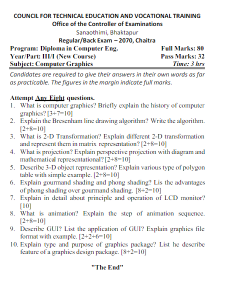 CTEVT DCE III Year Computer Graphics Regular Exam 2070 Question Paper ...