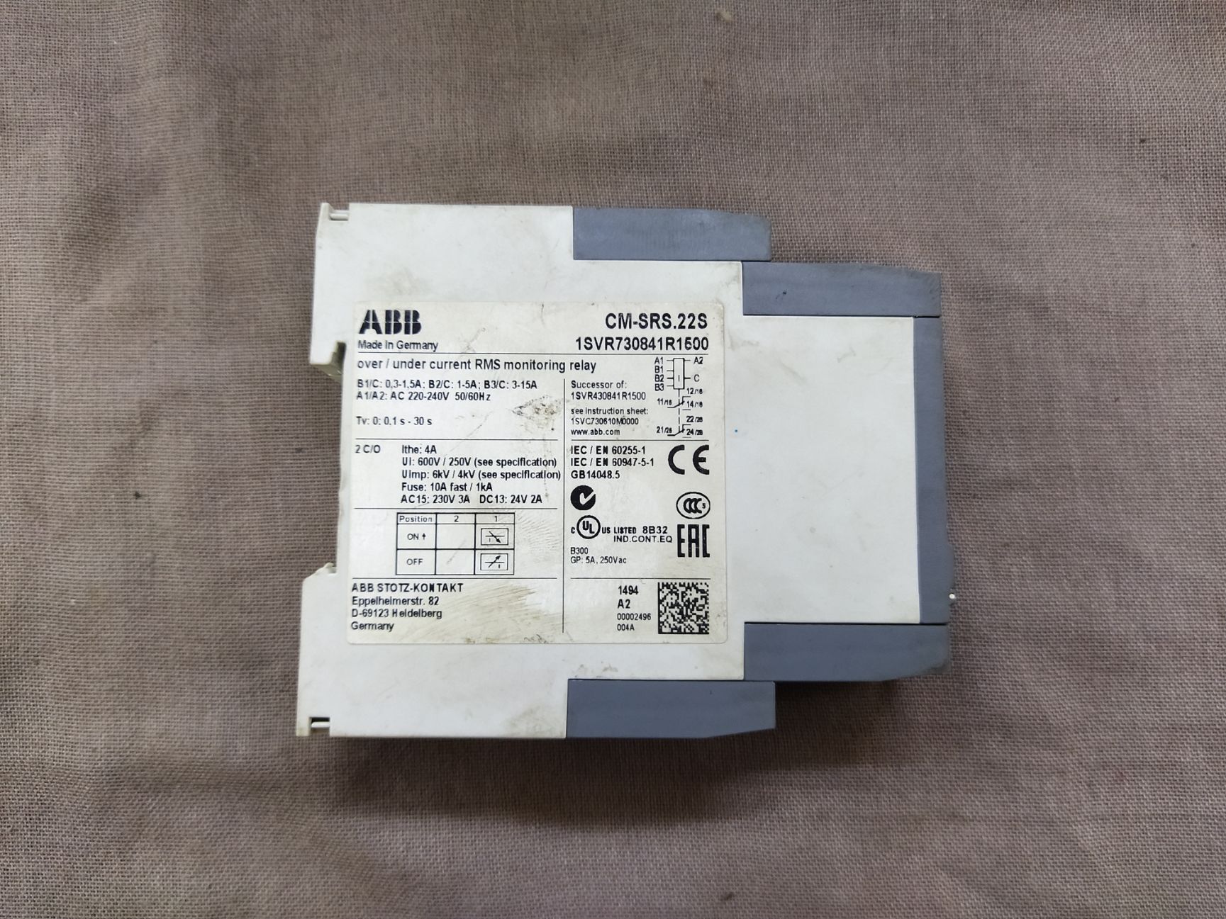 ABB CM-SRS.22S OVER-UNDER CURRENT RMS MONITORING RELAY 1SVR730841R1500