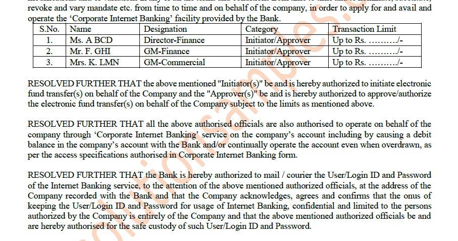 Board Resolution for Availing Corporate Internet Banking Facility