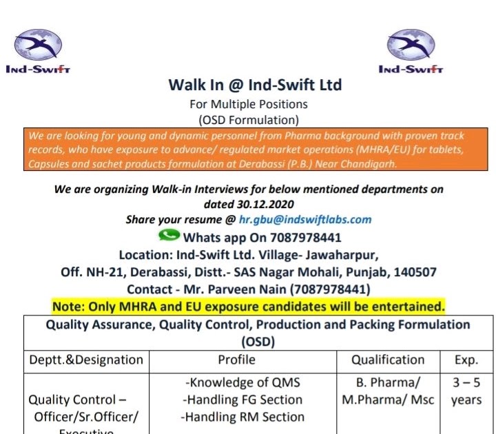 Ind-swift Labs | Walk-in for Production/Packing/QC/QA on 30th Dec 2020