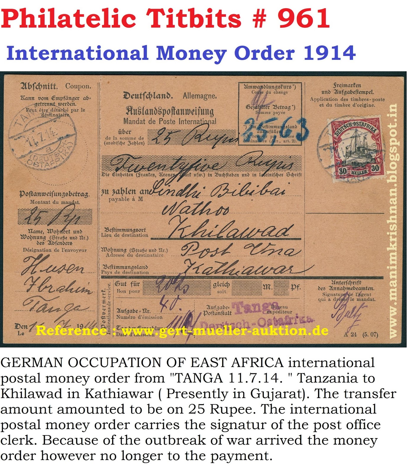 Philatelic Titbits: INTERNATIONAL MONEY ORDER 1914