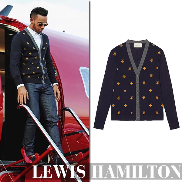 Lewis Hamilton in blue Gucci cardigan in Monaco
