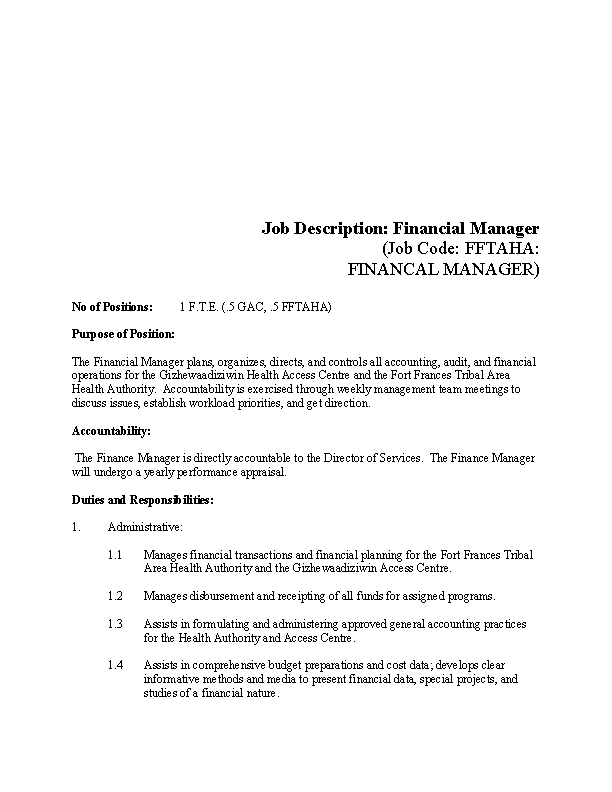 Finance Manager Job Description ~ Resume Letter