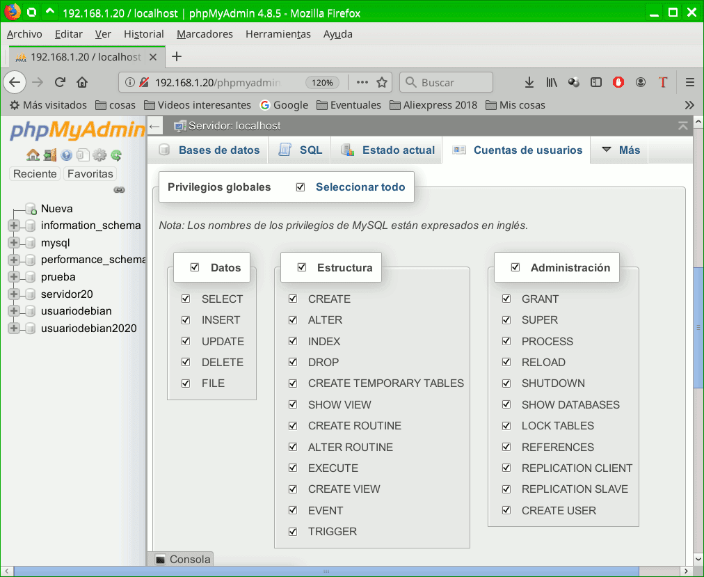 UsuarioDebian: Crear y Eliminar usuarios en phpMyAdmin
