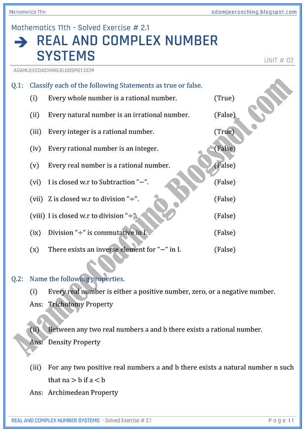 Adamjee Coaching: Real and Complex Number Systems - Exercise 2.1 ...