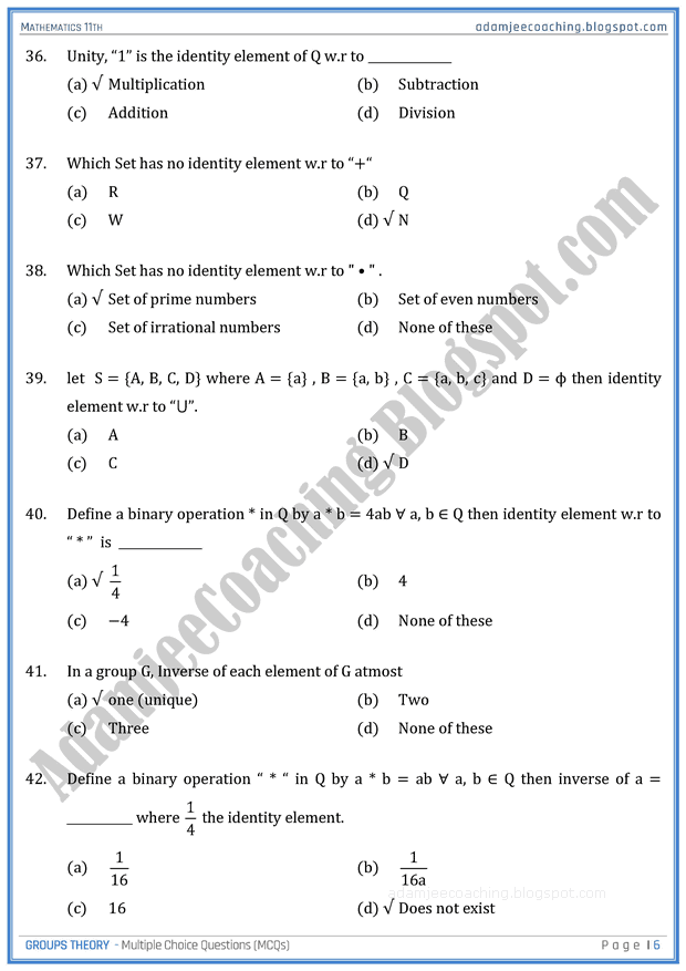 Adamjee Coaching: Groups Theory - MCQs - Mathematics 11th