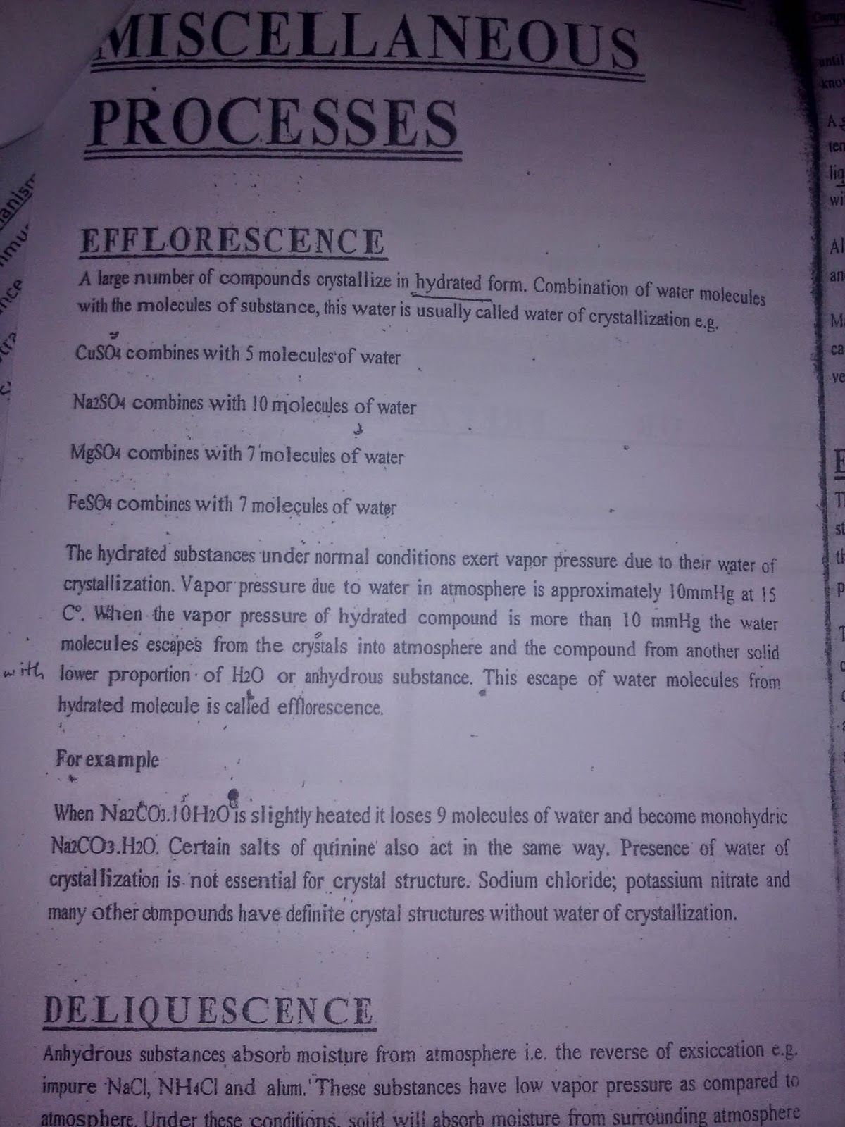 MISCELLANEOUS PROCESSES (Efflorescence, deliquescence, lyophillization ...