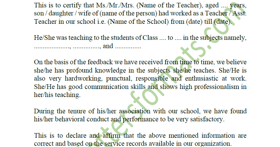 Work Experience Letter or Certificate for School Teacher Format