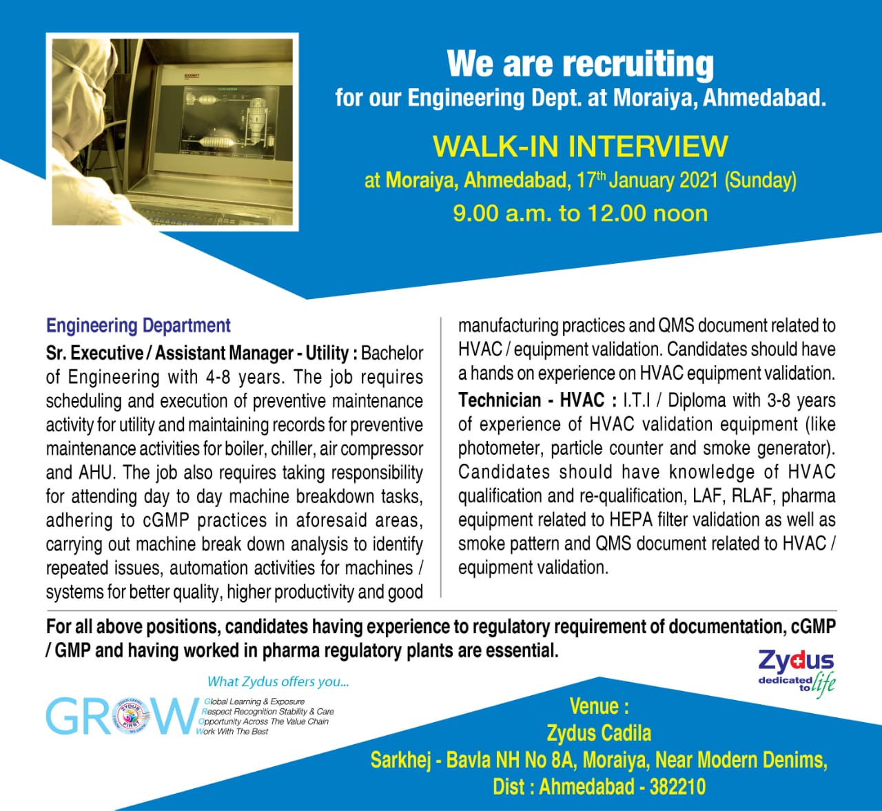 Zydus Cadila - Walk-In Interviews for Engineering Department on 17th ... Zydus Cadila - Walk-In Interviews for Engineering Department on 17th ...