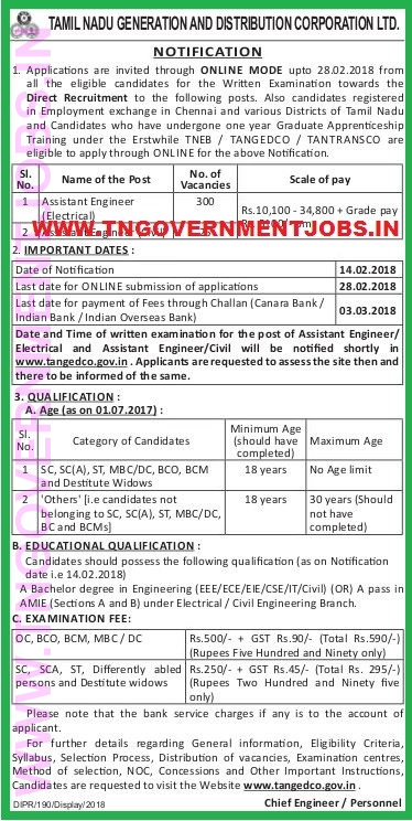 Exam Bulletin: TNEB - TANGEDCO - 325 AE POST EXAM DATE 30.12.2018 DOWNLOAD YOUR HALL TICKET NOW