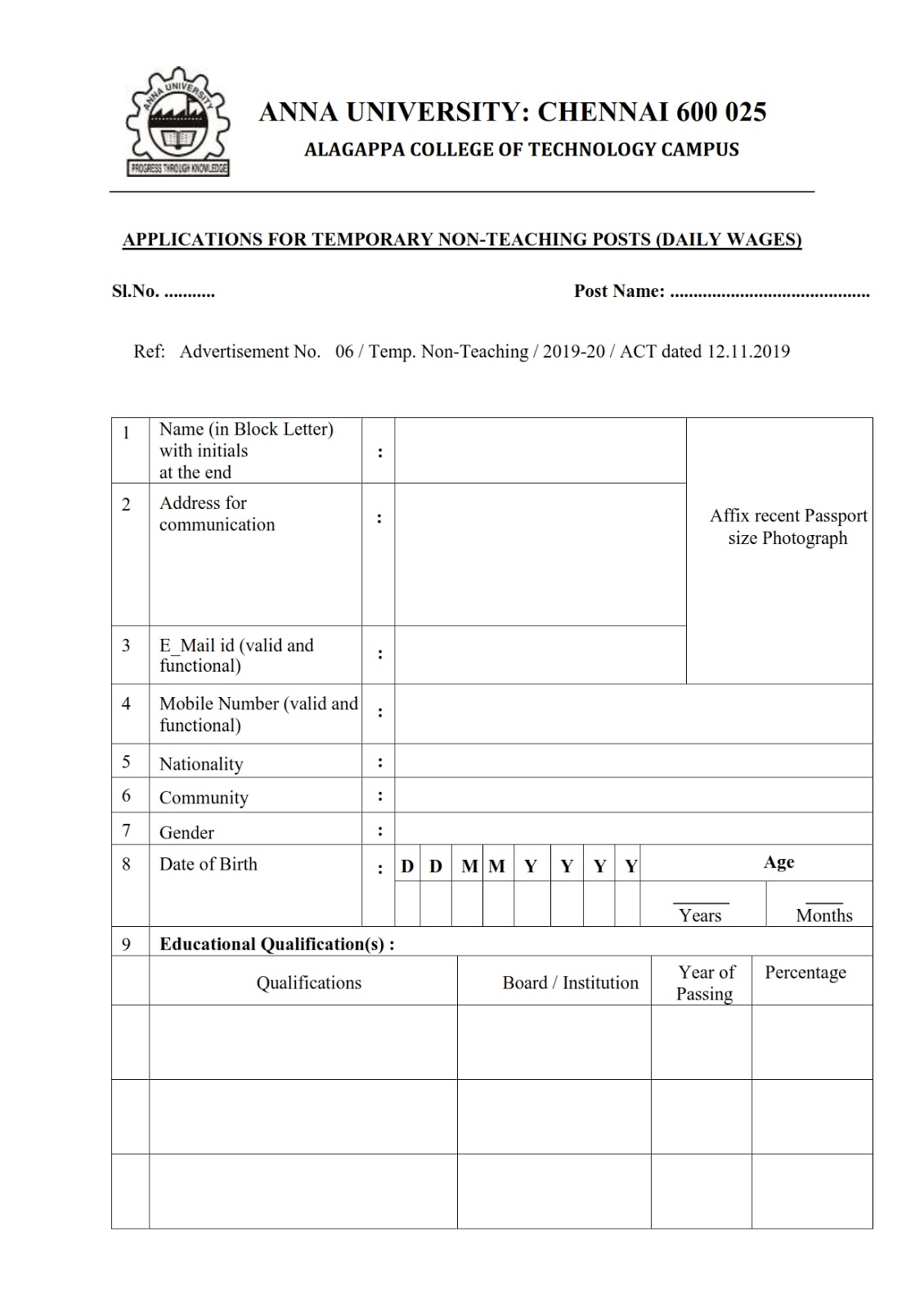Temporary Non-Teaching Post - Anna University , ACT Campus ...