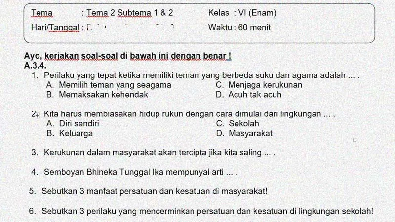 Soal dan Jawaban Penilaian Semester 1 Kelas 6 Tema 2 Subtema 1 dan 2 - SekolahDasar.Net