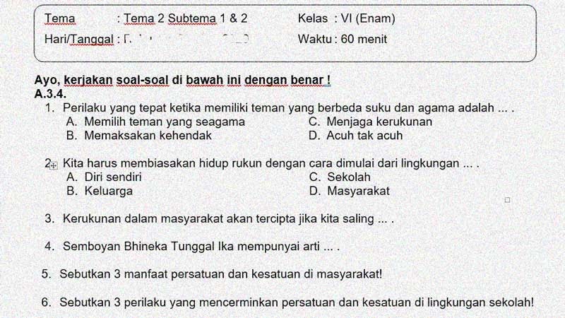 Soal dan Jawaban Penilaian Semester 1 Kelas 6 Tema 2 Subtema 1 dan 2 - SekolahDasar.Net