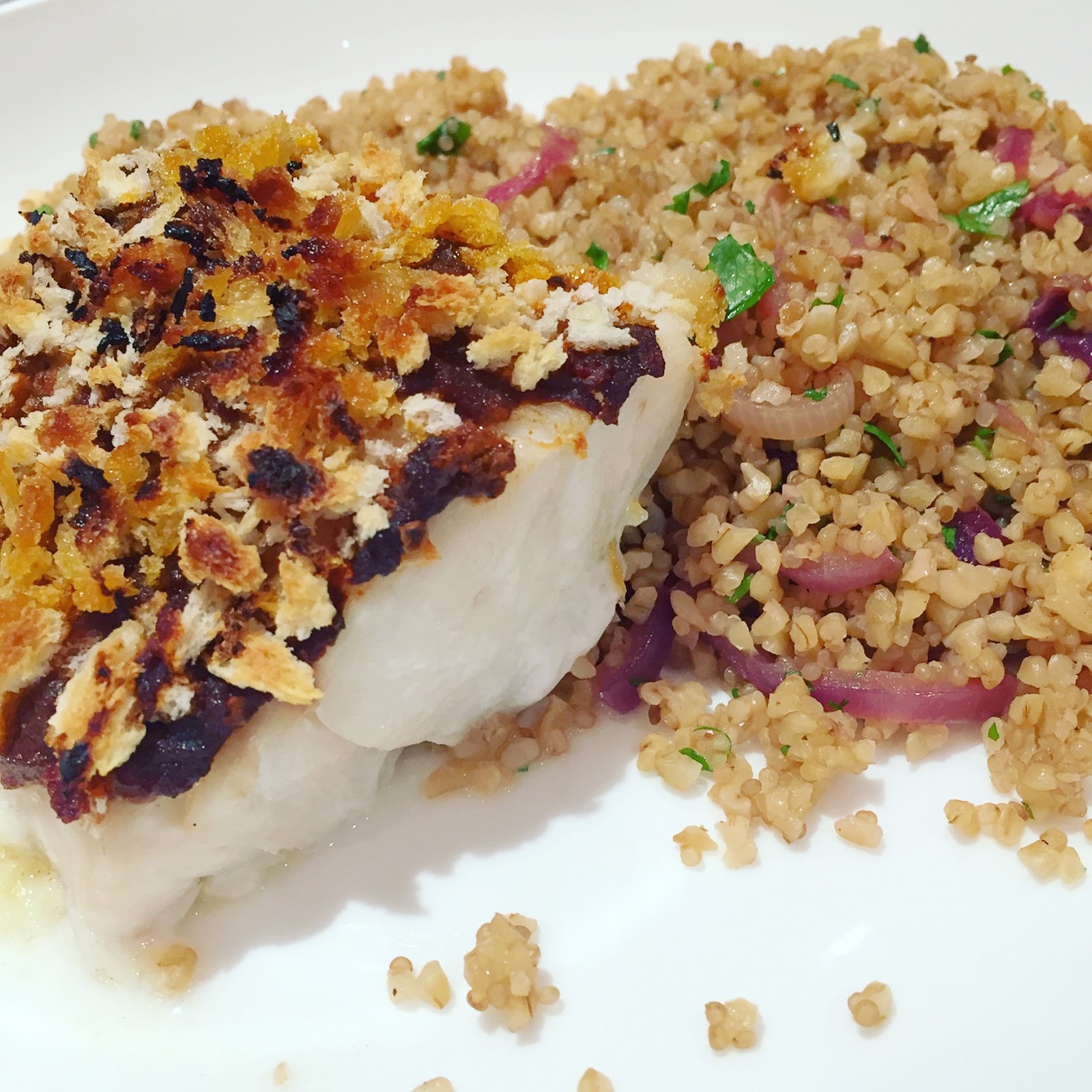 Crispy Harissa Cod with Lemon and Red Onion Quinoa