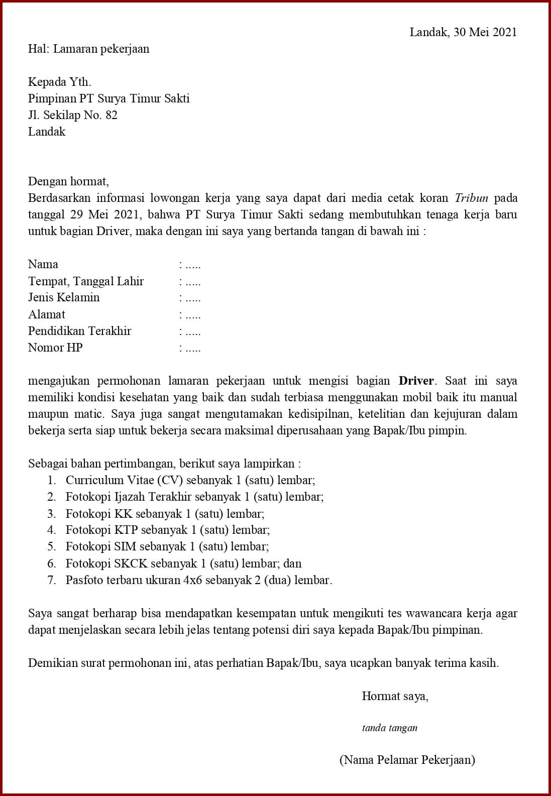 Contoh Surat Lamaran Kerja Untuk Driver Operasional (Fresh Graduate ...
