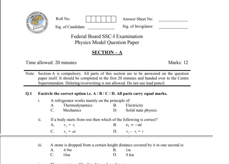 FBISE Class 9 Physics Model Paper New With Pattern Scheme Of Studies fbise-class-9-physics-model-paper-new-with-pattern-scheme-of-studies