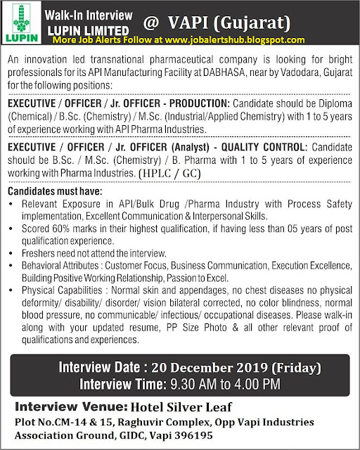 Lupin Limited - Walk-In Interview for Production & Quality Control on 20th Dec' 2019 @ Vapi ...