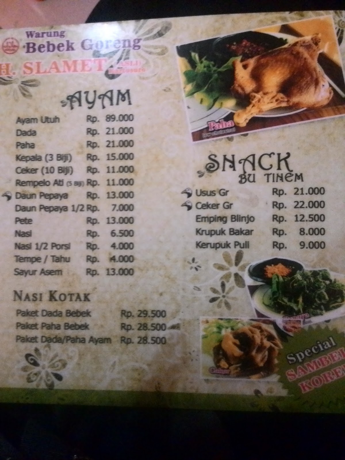 Daftar Menu Lengkap Warung Bebek Goreng Slamet GKB