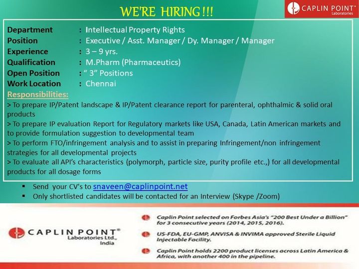 UDYOG ADDA: CAPLIN POINT Laboratories Ltd India Hiring Executive / Asst ...