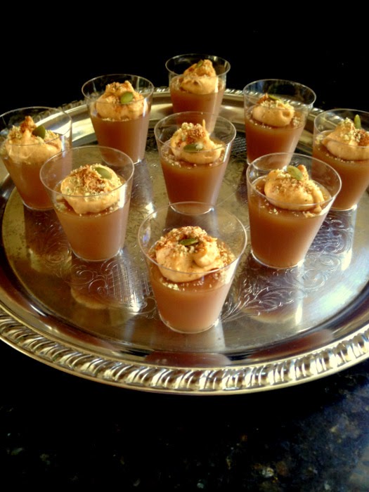 Place a dollop of pumpkin pudding on each shot, sprinkle with cinnamon ...